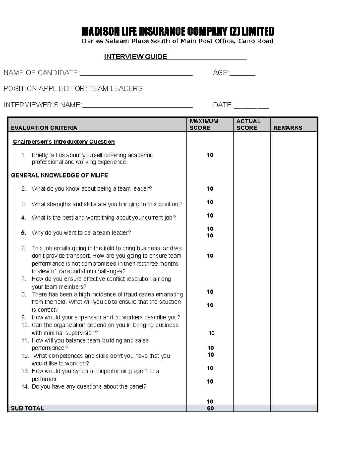 Interview Guide for Team Leader Position at MLIFE (Z) Limited - Studocu