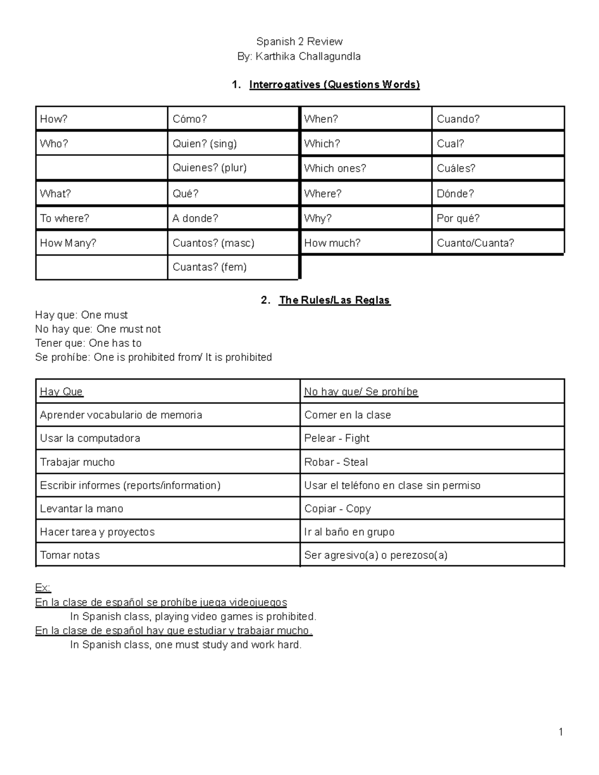 Spanish 2 Review - Spanish 2 Review By: Karthika Challagundla 1 ...