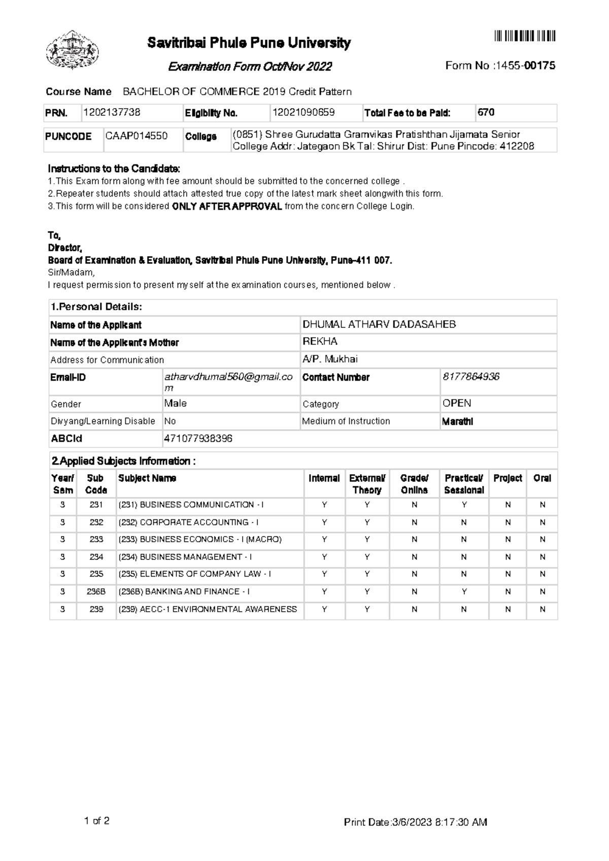 145500175 Exam Form - Exam details - Instructions to the Candidate: 1 ...