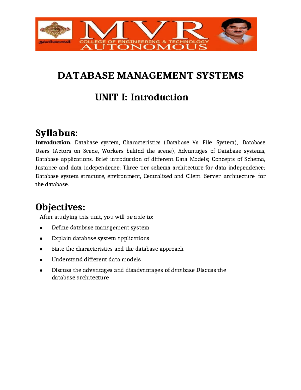 DATABASE MANAGEMENT SYSTEMS RM21: Unit I Introduction and Overview - Studocu