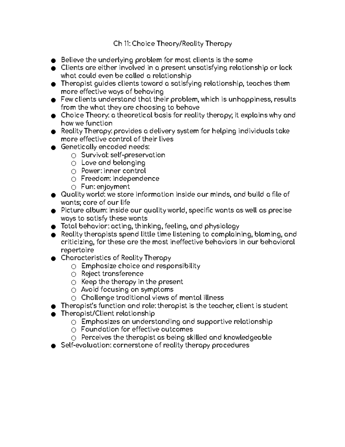 Ch 11: Choice Theory & Reality Therapy Overview and Key Concepts - Studocu