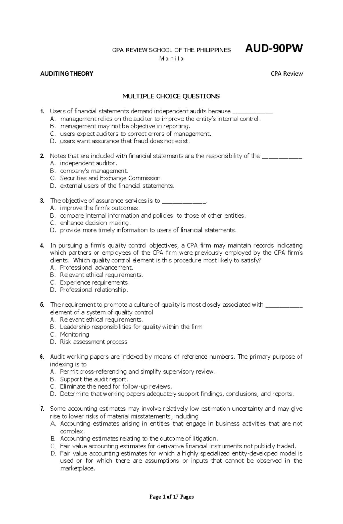AUD-90-PW - Multiple Choice Questions in Auditing Theory - Studocu