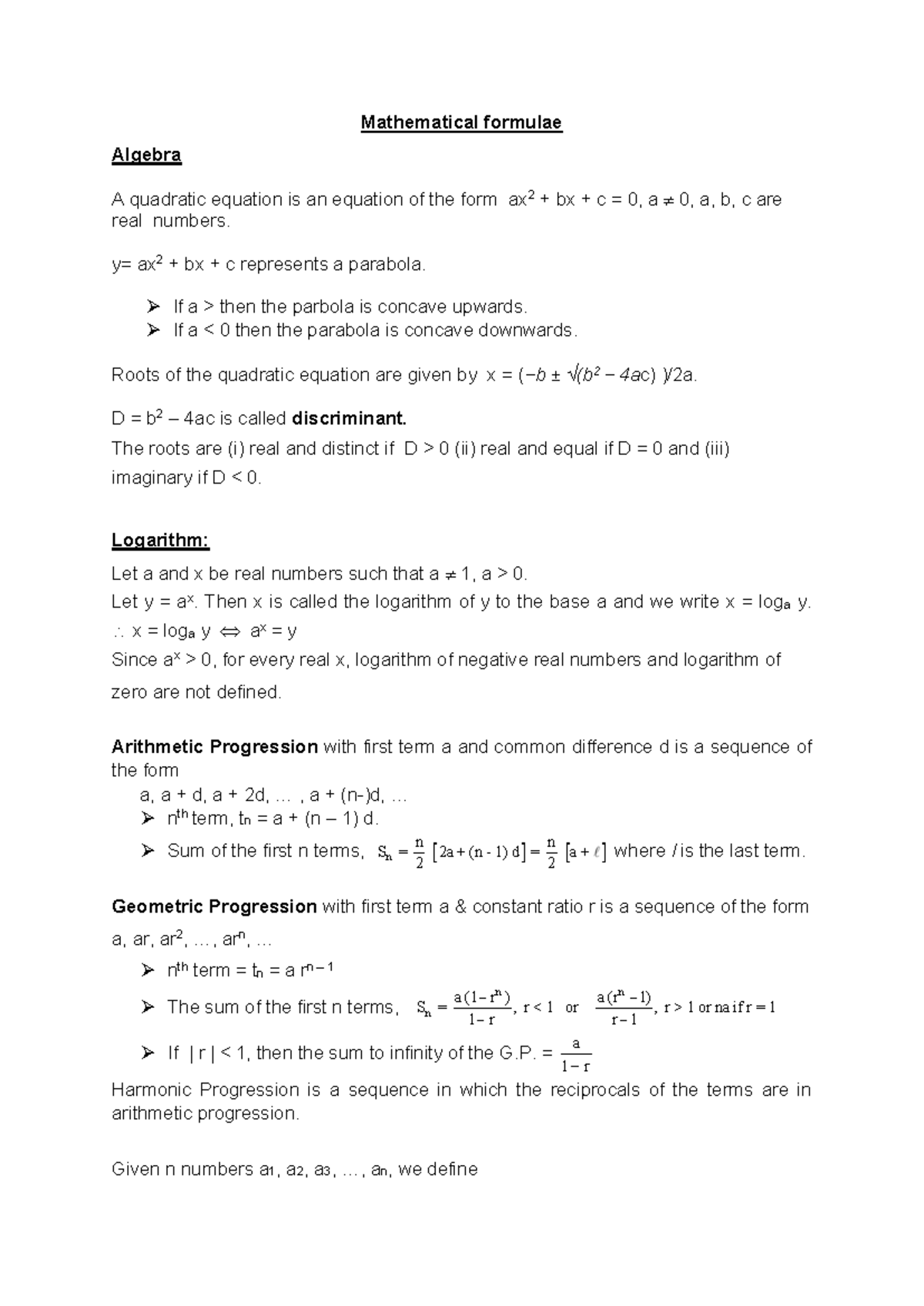 Mathematics Formula Book - First Year (MAT 1171) - Studocu