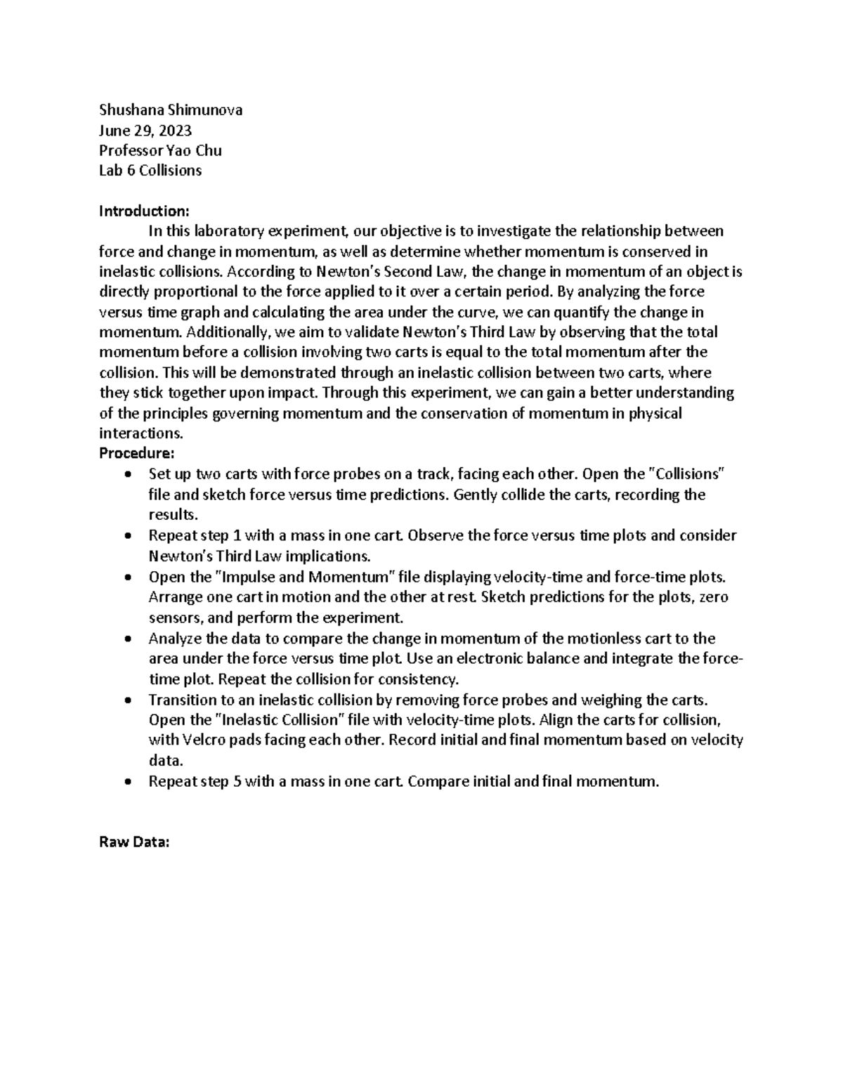 Lab 6: Exploring Inelastic Collisions & Momentum in Physics - Studocu