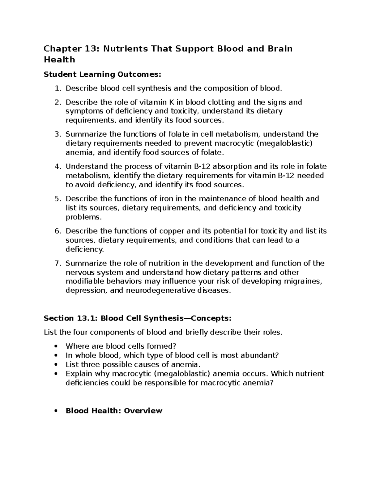NTS Ch 13: Blood & Brain Health - Lecture Notes on Nutrients - Studocu