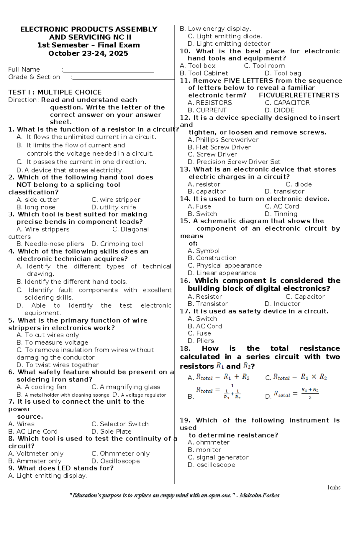 EPASG 111: 1st Sem Final Exam on Electronic Products Assembly - Studocu