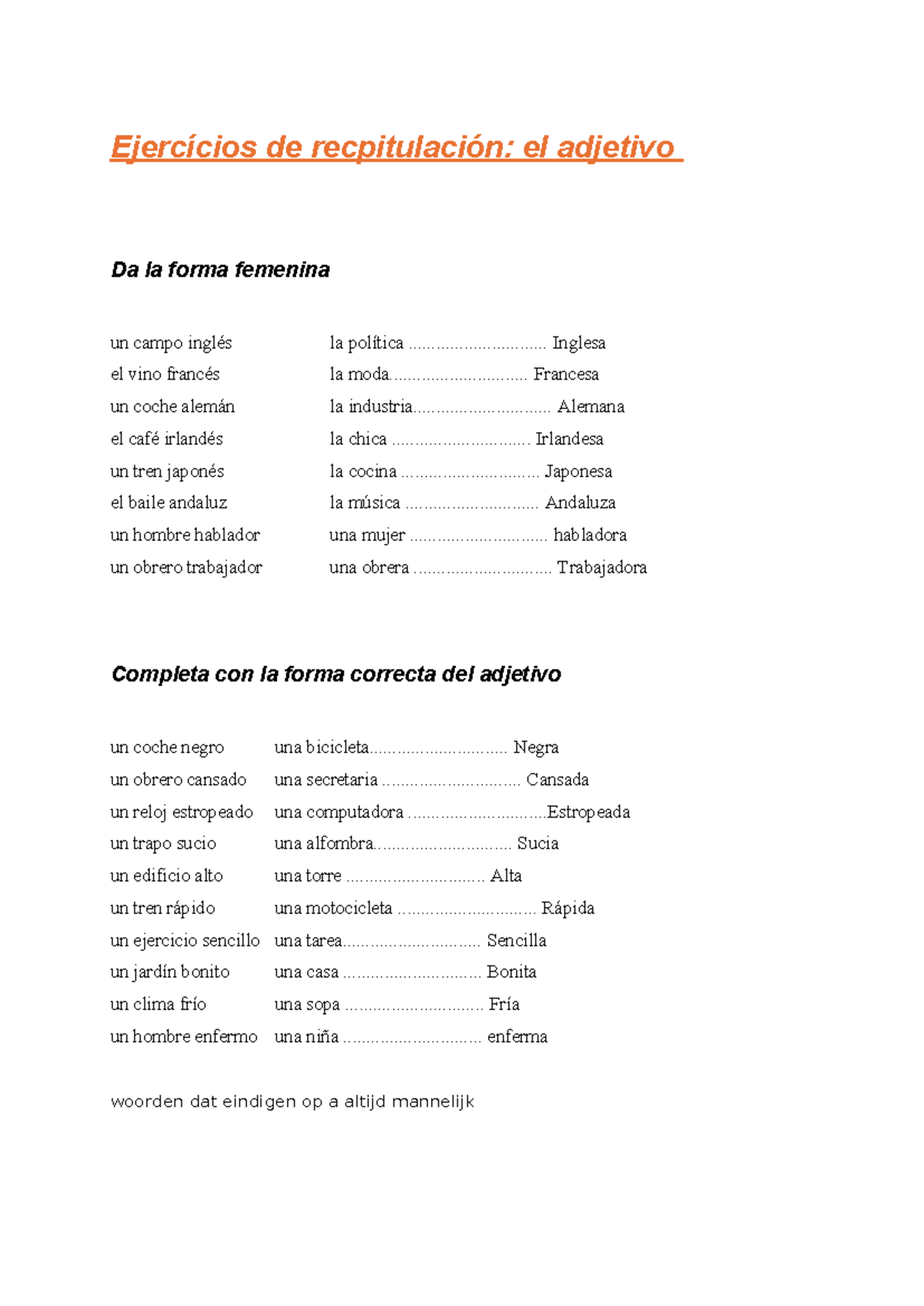 Ejercicios de Recapitulación: El Adjetivo para Español 101 - Studocu