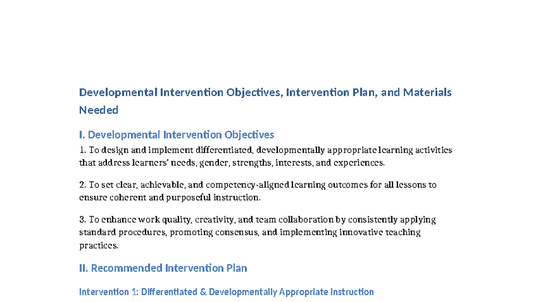 Developmental Intervention Plan & Objectives for Effective Learning ...
