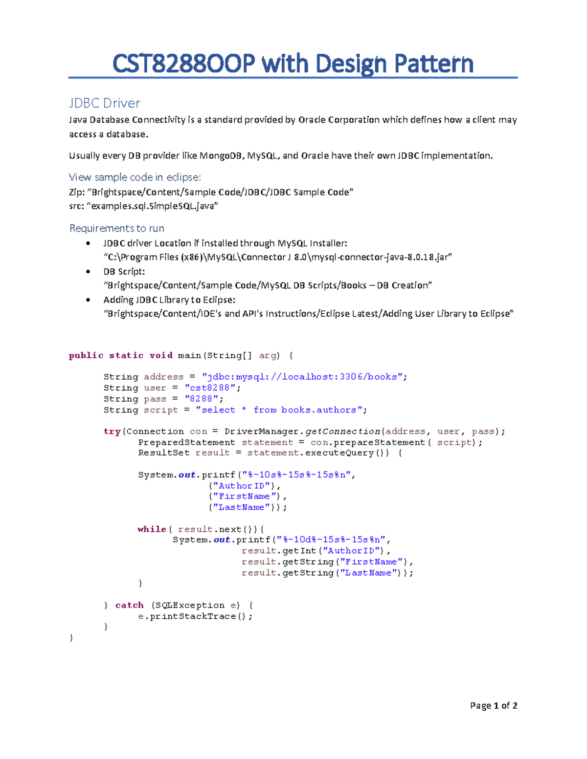 CST8288 JDBC Driver Notes: Java Database Connectivity Overview - Studocu