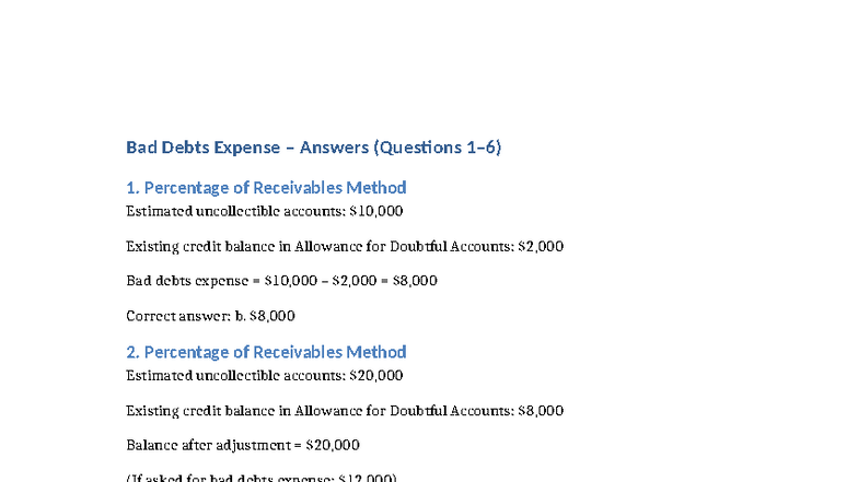 Bad Debts Expense Analysis (Questions 1-6) - Studocu
