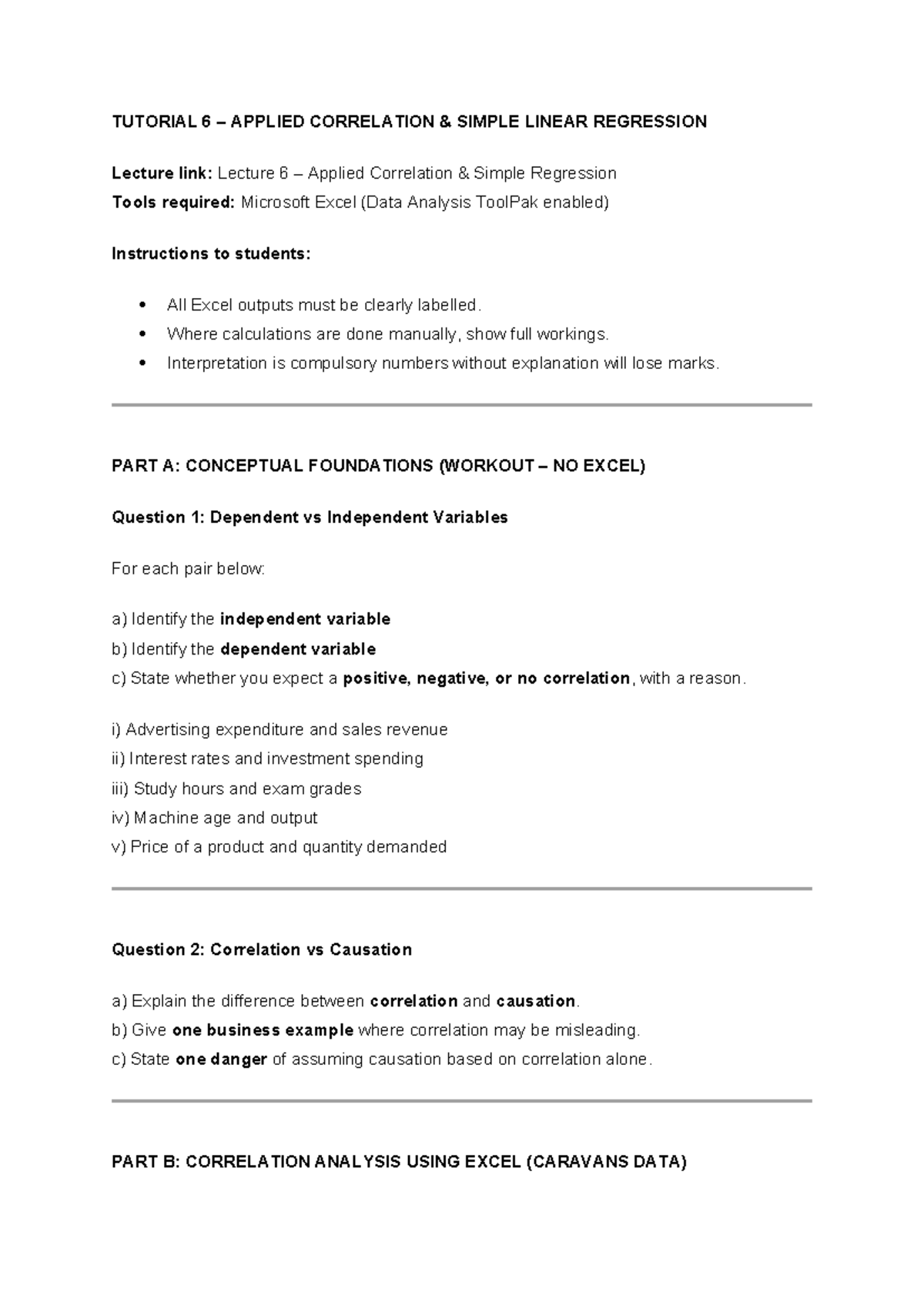 Tutorial 6 Applied Correlation Simple Linear Regression Business