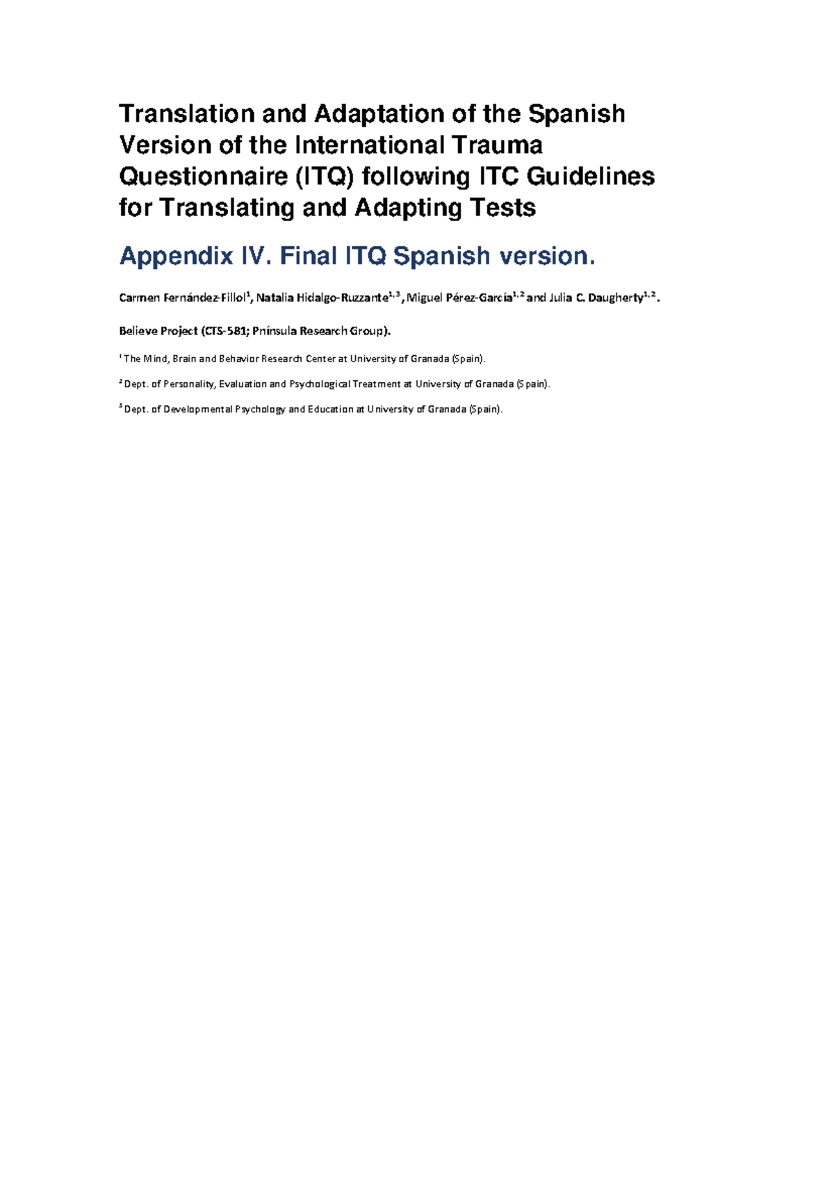 Appendix IV: Final ITQ Spanish Version for Trauma Assessment (CTS-581 ...