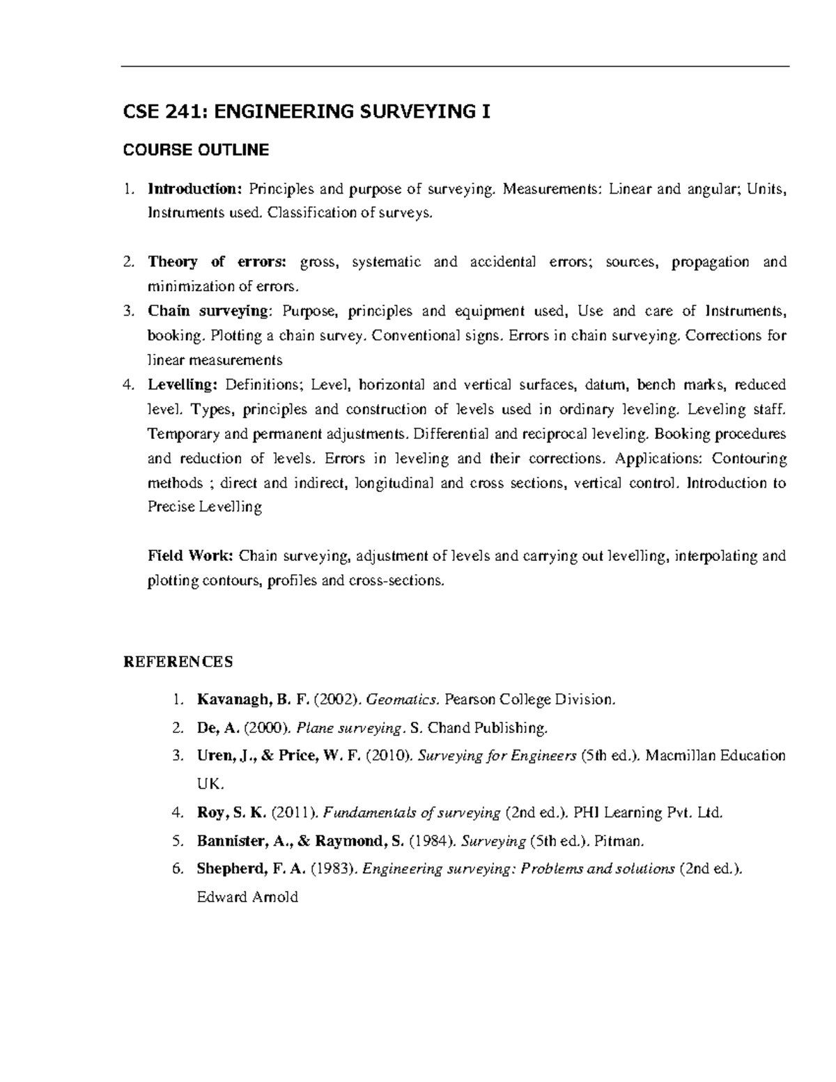CSE 241: Engineering Surveying I Course Outline and Key Concepts - Studocu