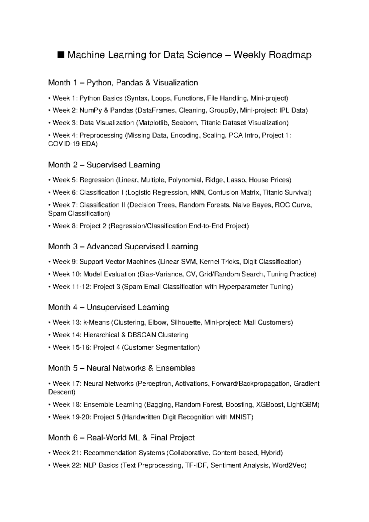 Machine Learning for Data Science: Weekly Roadmap (Months 1-6) - Studocu