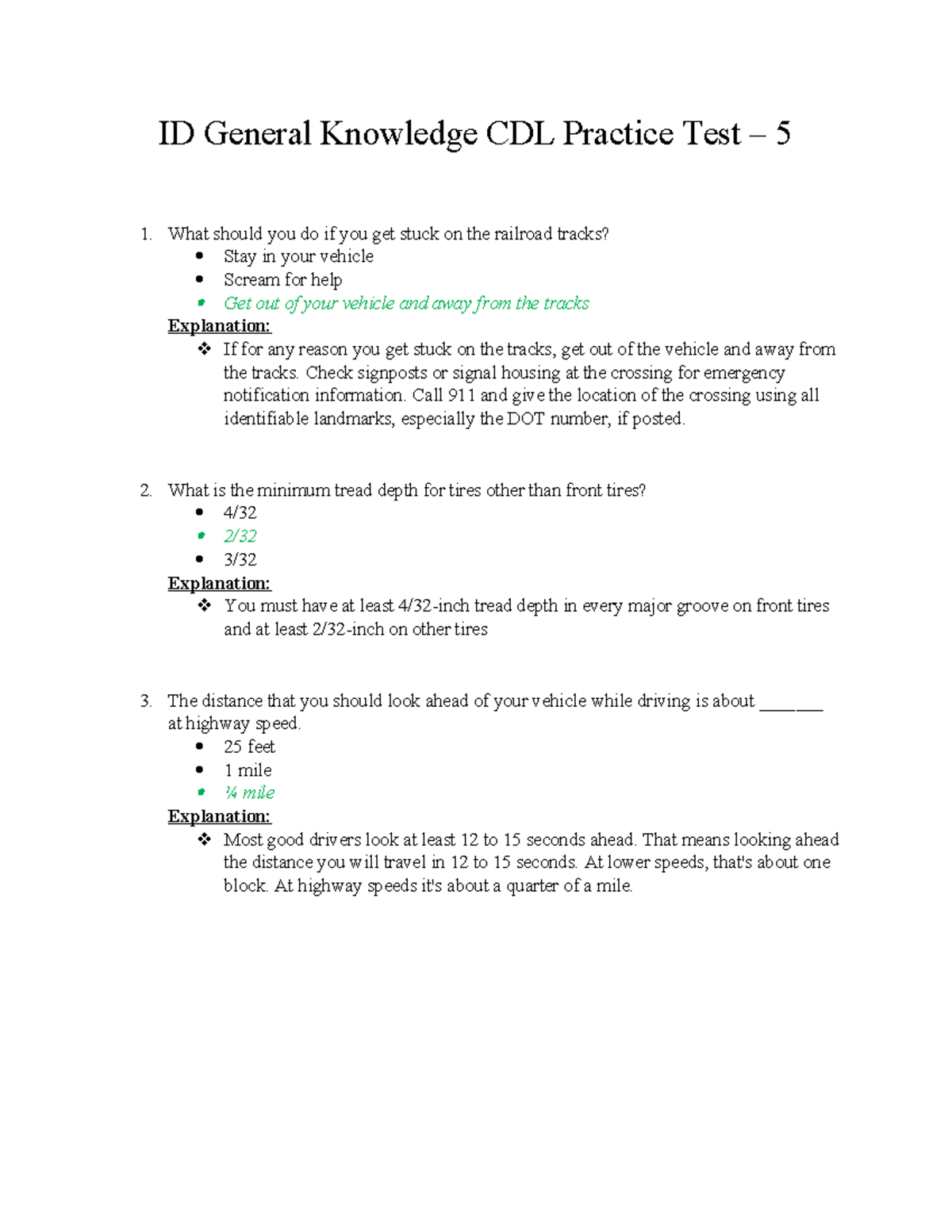 ID General Knowledge CDL Practice Test 5: Key Driving Concepts - Studocu