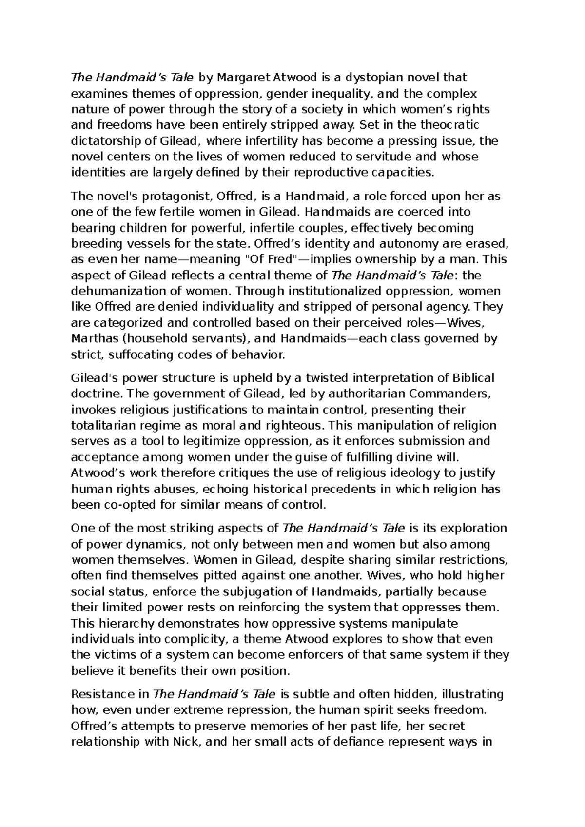 ENG201 Handmaid’s Tale Essay: Themes of Oppression & Resistance - Studocu