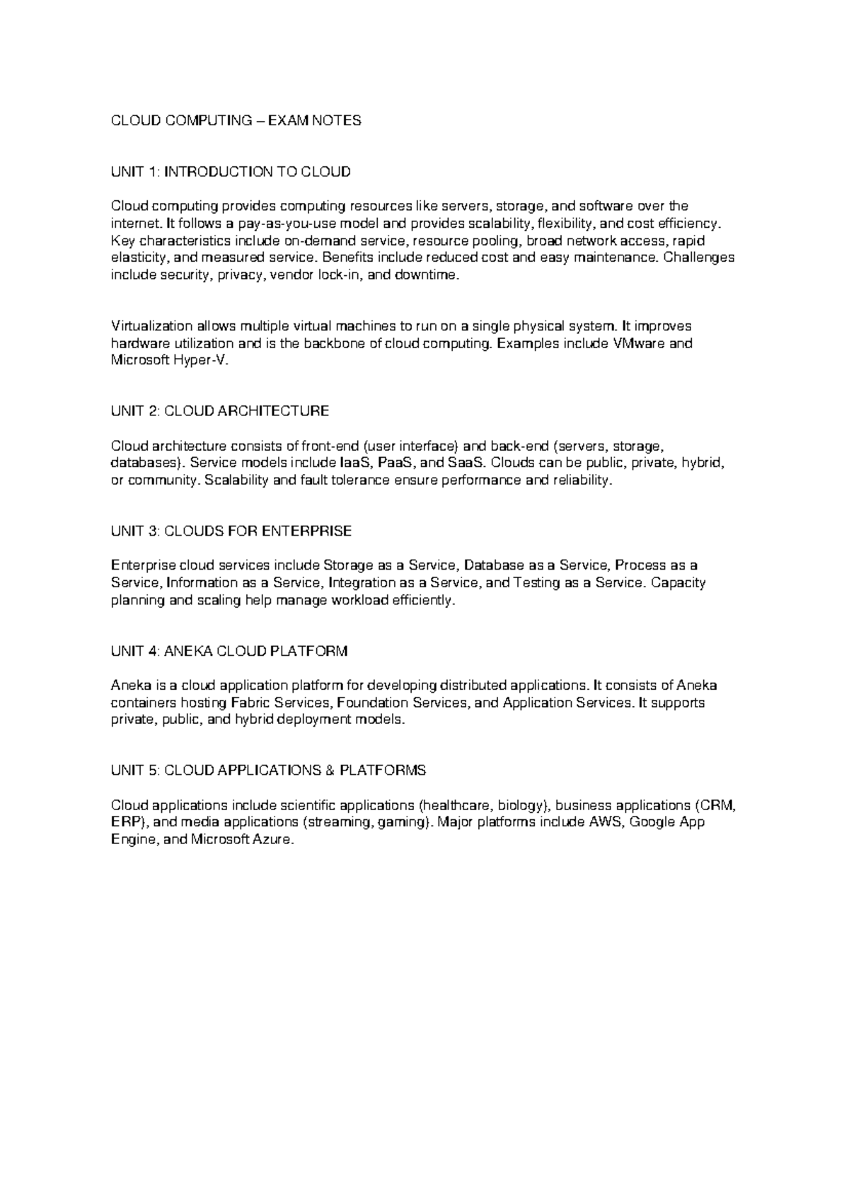 CLOUD COMPUTING EXAM NOTES (CSE101): UNIT 1-5 OVERVIEW - Studocu