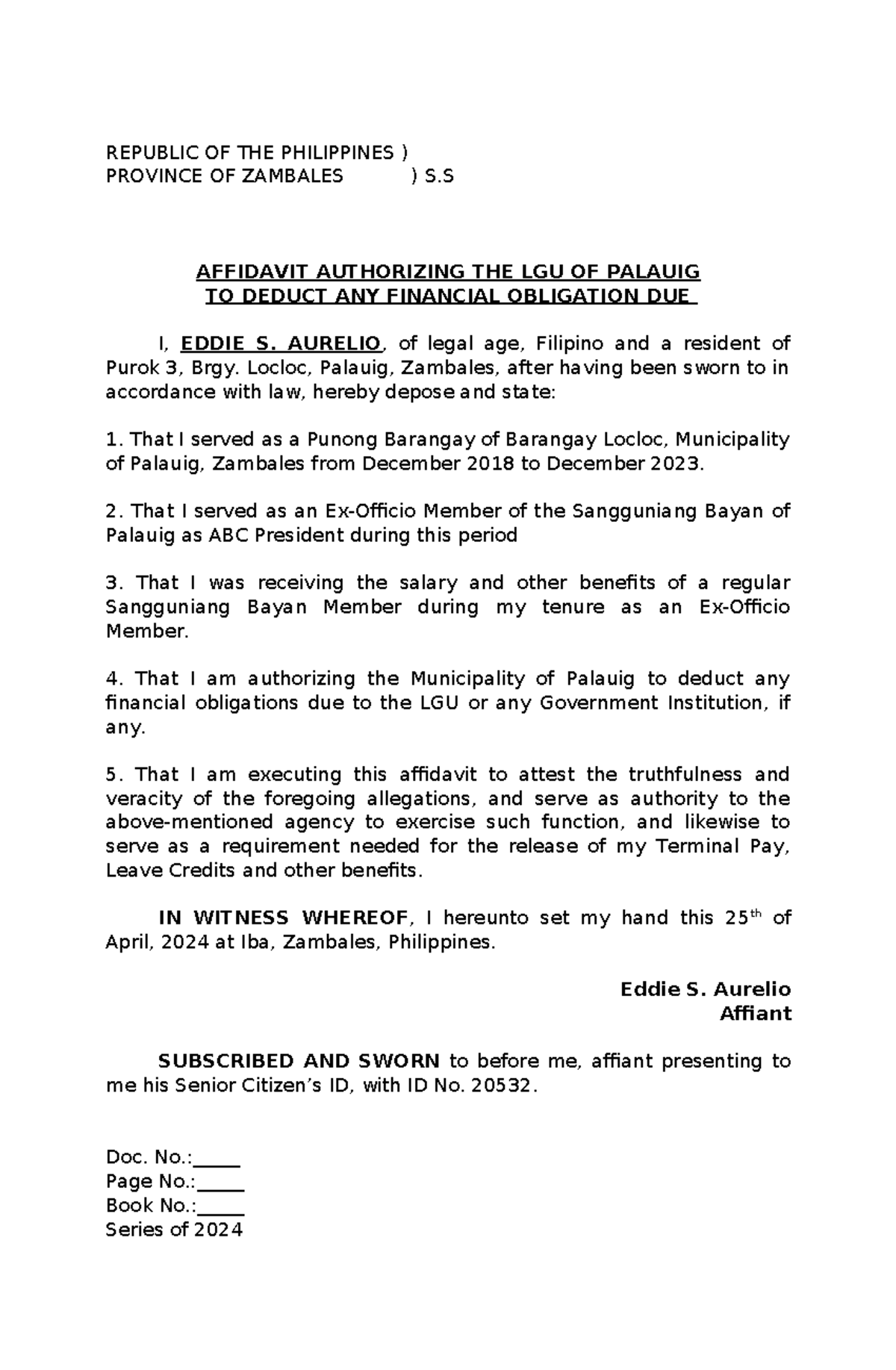 Affidavit for Financial Obligation Deduction (Aurelio) - Studocu