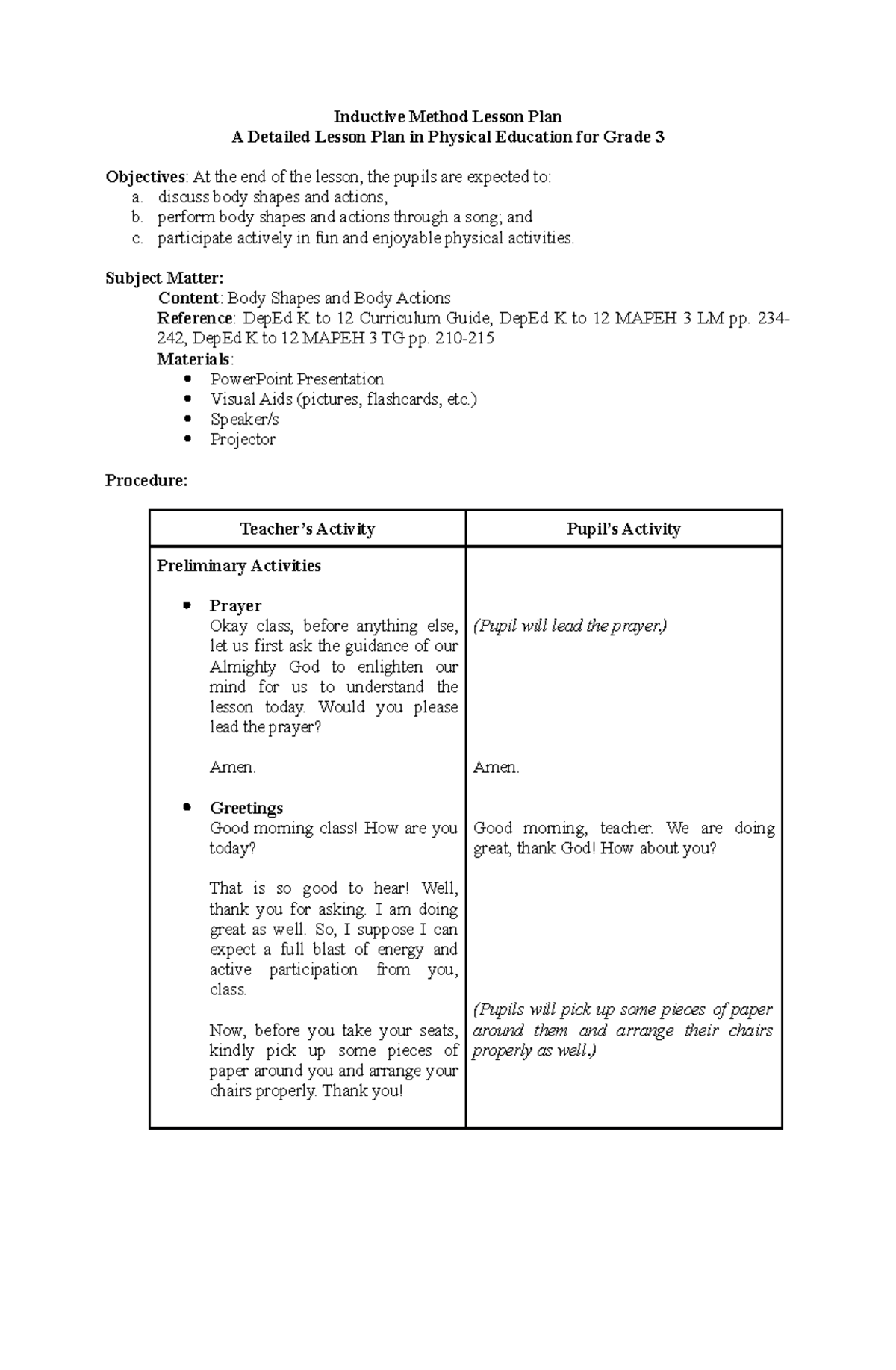 BPE Lesson Plan (Inductive Method) NEW - Inductive Method Lesson Plan A ...