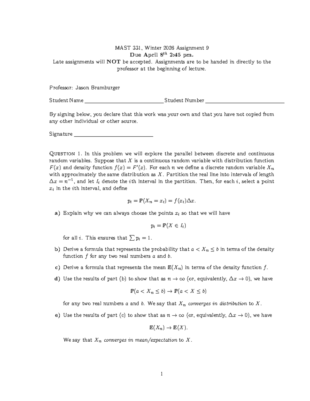 MAST 331 Winter 2026 Assignment 9: Random Variables & Exponential ...