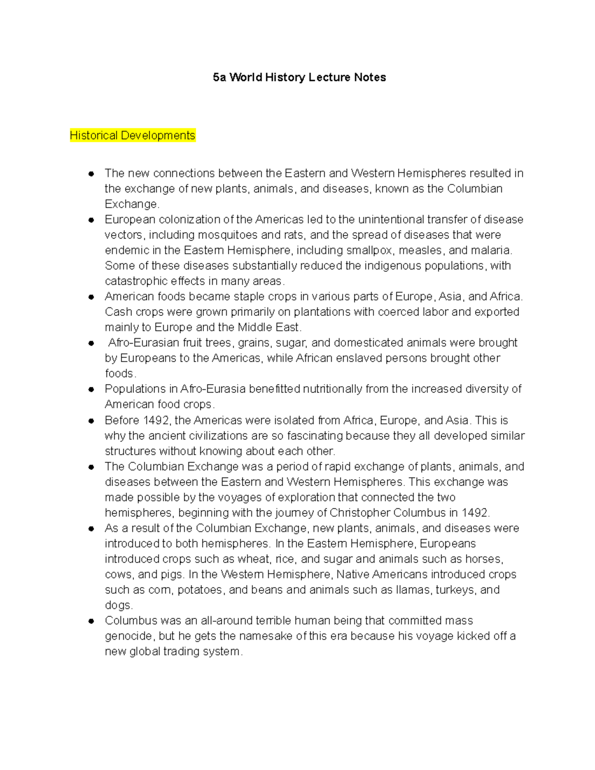 5a World History Lecture Notes: The Columbian Exchange Impact - Studocu