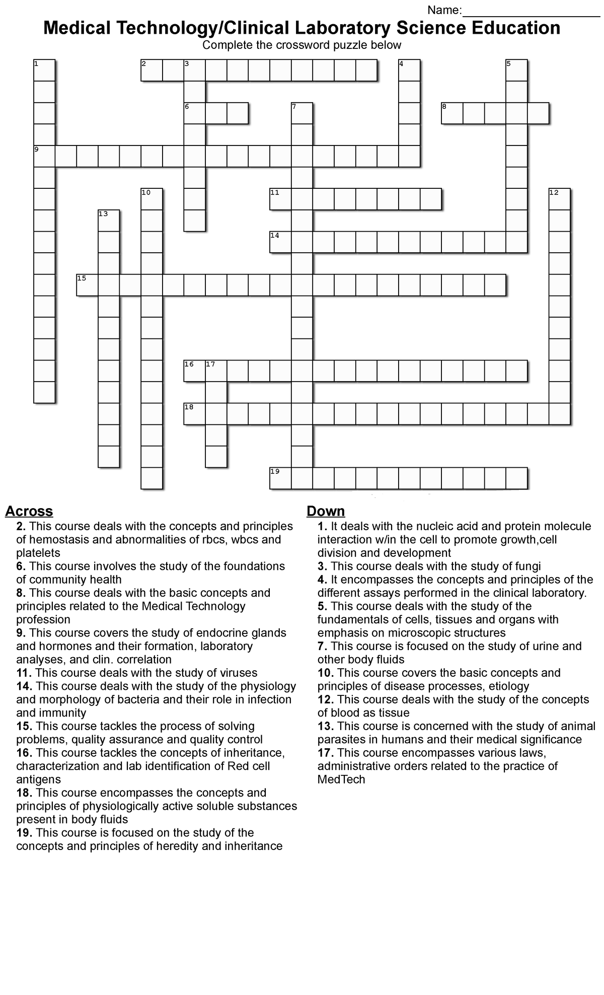 Medical Technology Education - Crossword Puzzle Guide - Studocu