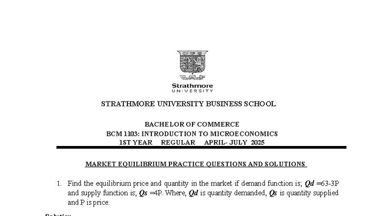 BCM 1103: Microeconomics Market Equilibrium Practice Questions ...