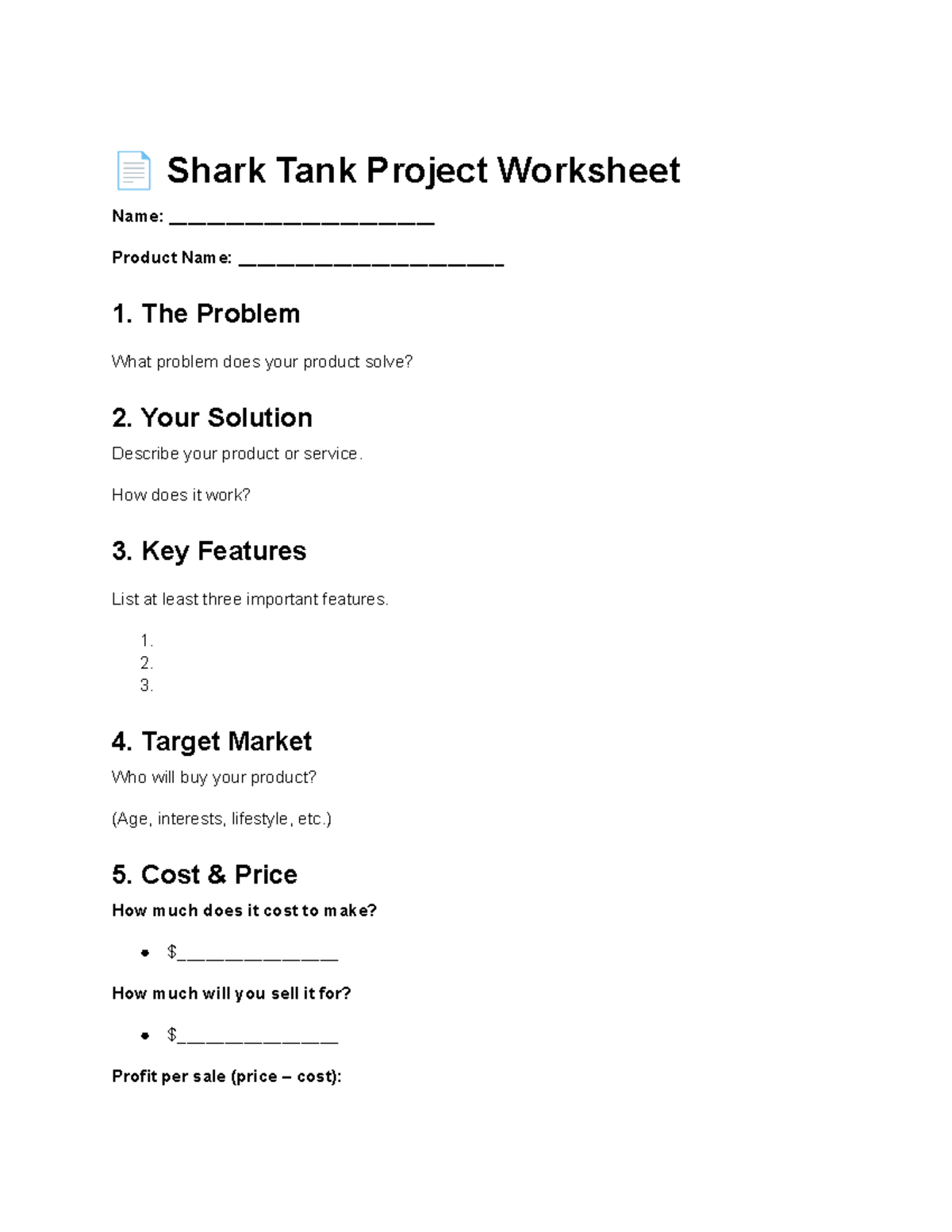 Shark Tank Project Worksheet: Product Development & Pitch Guide - Studocu