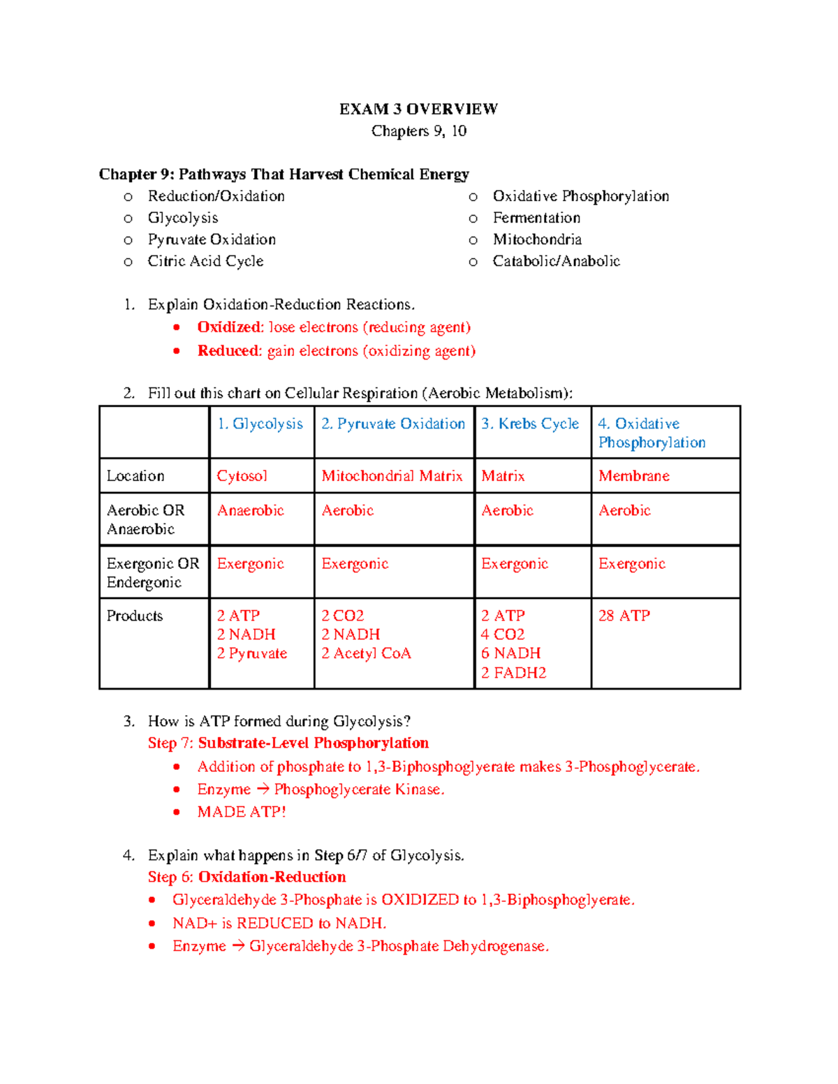 AP Bio Exam 3 Overview Answers - EXAM 3 OVERVIEW Chapters 9, 10 Chapter ...