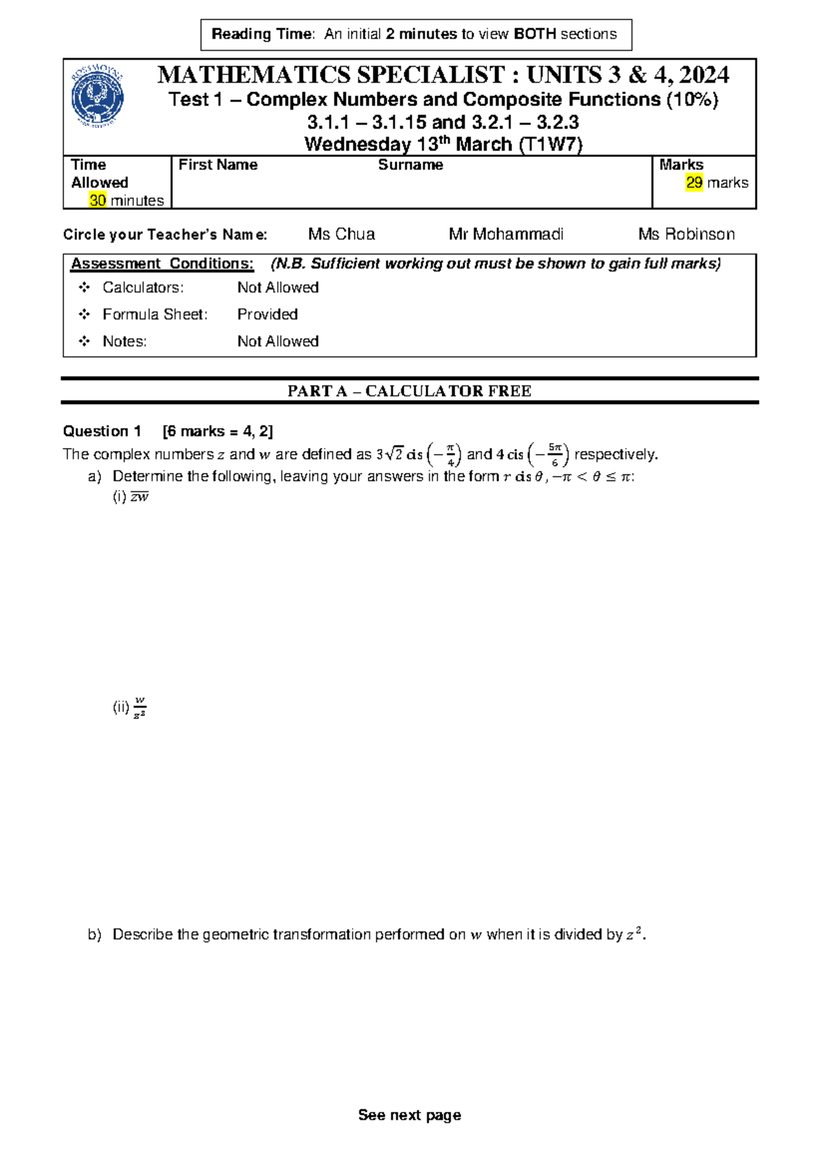 Mathematics Specialist Test 1: Complex Numbers (Units 3 & 4, 2024 ...