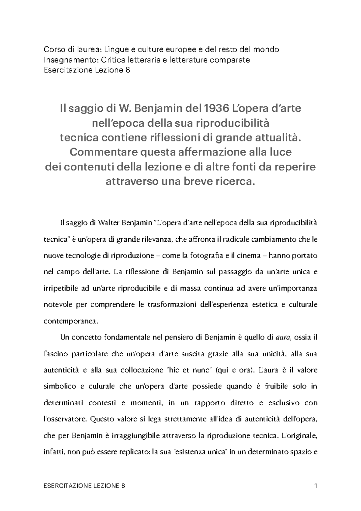 Critica letteraria e letterature comparate Esercitazione 8 - Benjamin ...