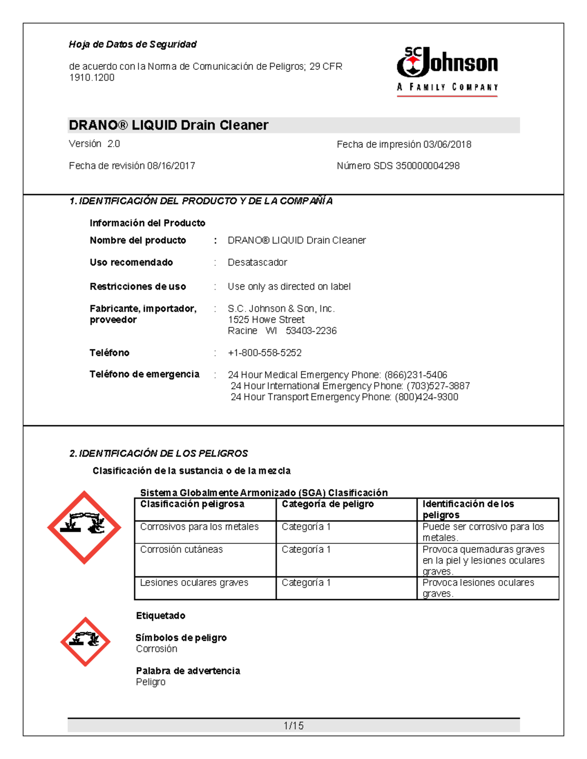 Guía de Seguridad para DRANO® LIQUID Desatascador - SDS 350000004298 ...