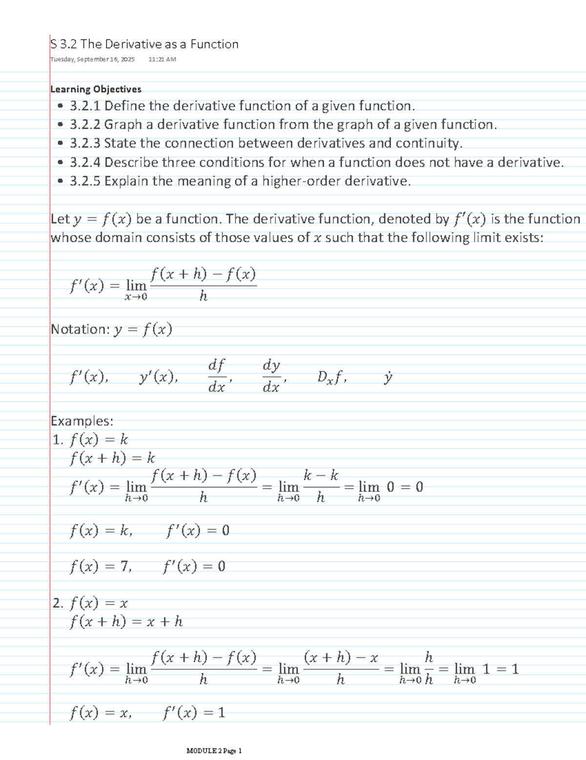 Understanding the Derivative Function: MATH 101 Module 2 Overview - Studocu