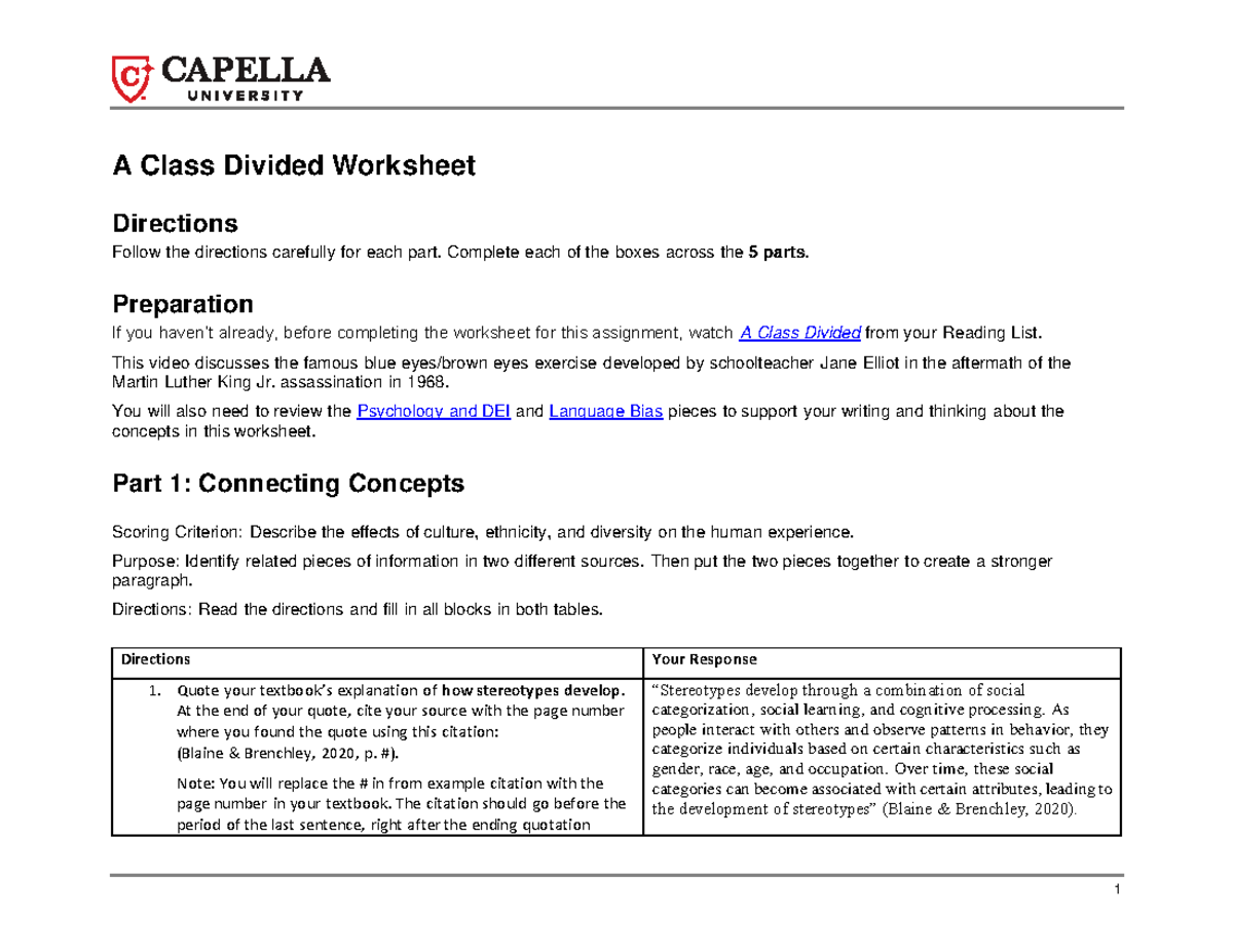 A Class Divided Worksheet (PSY 1540) - Understanding Stereotypes and ...