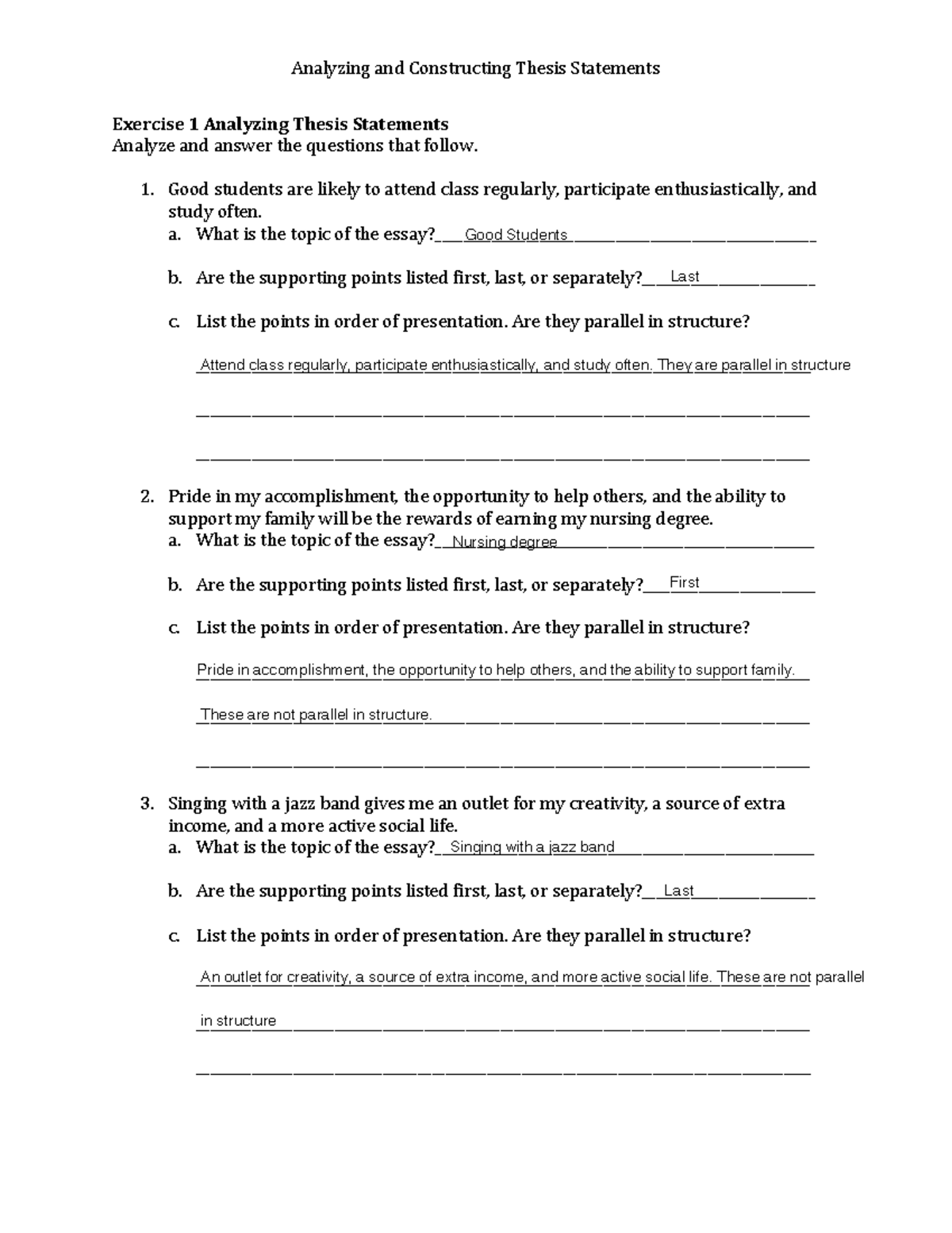 Thesis Statement Exercises 1 - Exercise 1 Analyzing Thesis Statements ...