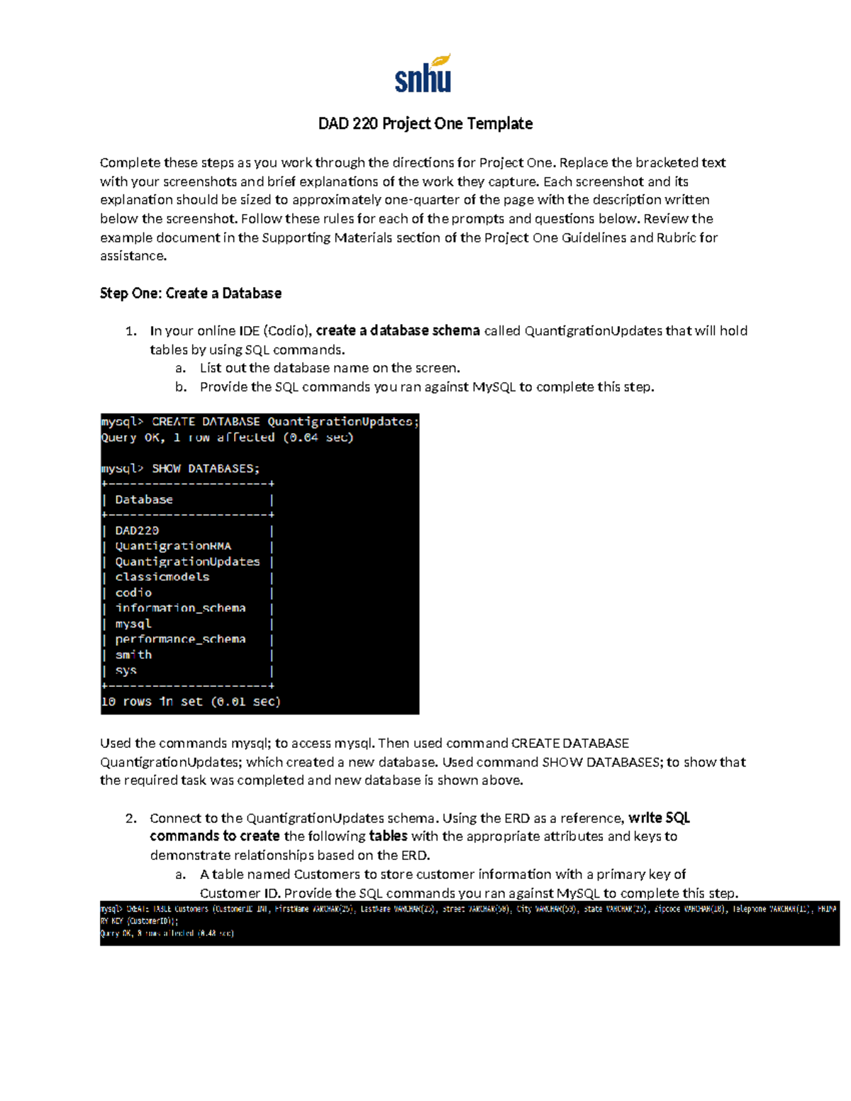 DAD 220 Project One: Database Creation and SQL Commands Guide - Studocu