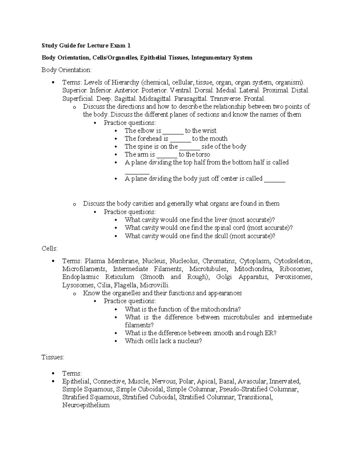 A&P Lecture Exam 1 Study Guide: Body Orientation & Integumentary System ...