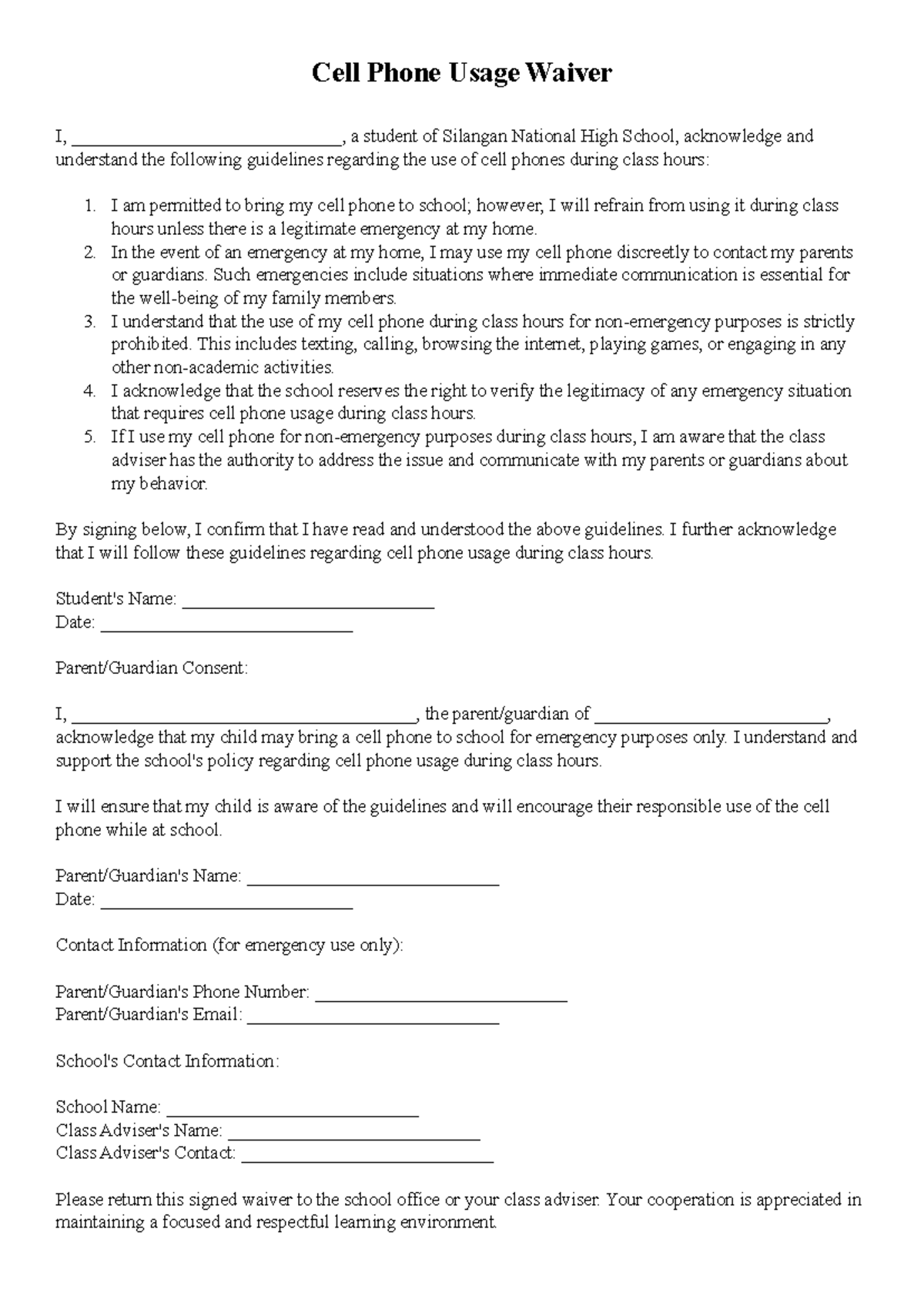 Cell Phone Usage Waiver for Silangan National High School Students ...