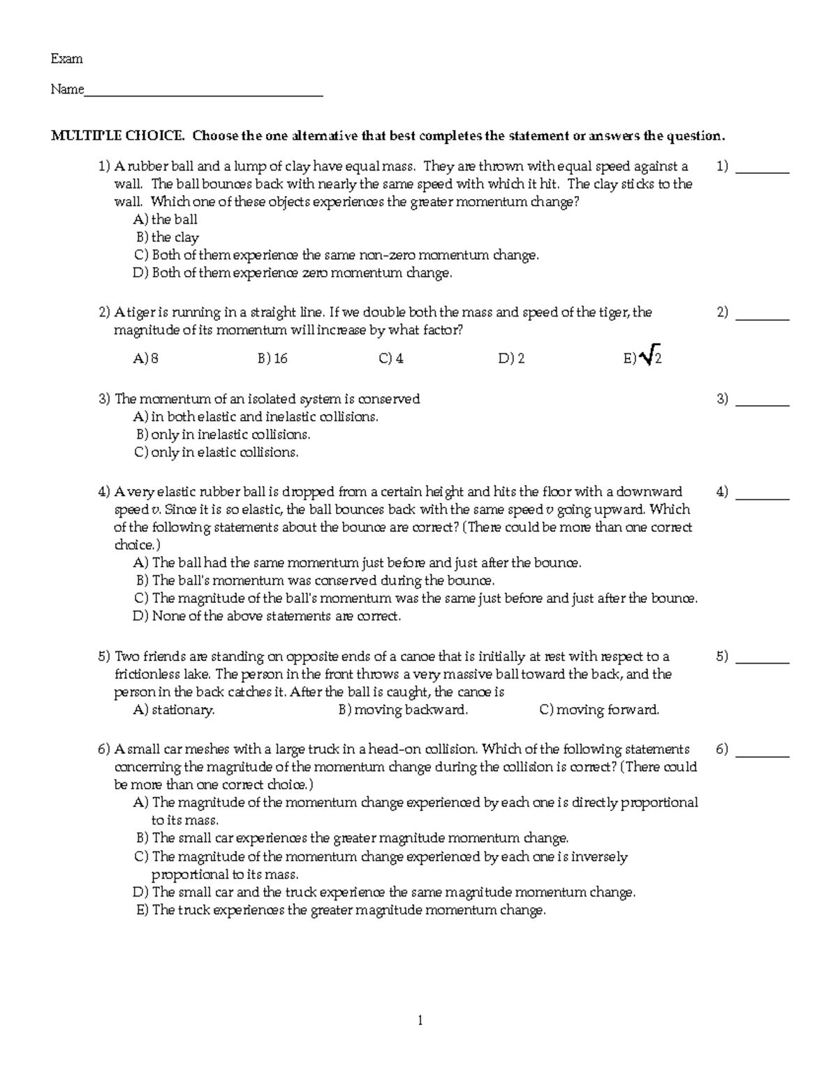 Practice Questions for Exam: MULTIPLE CHOICE (PHYS 101) - Studocu