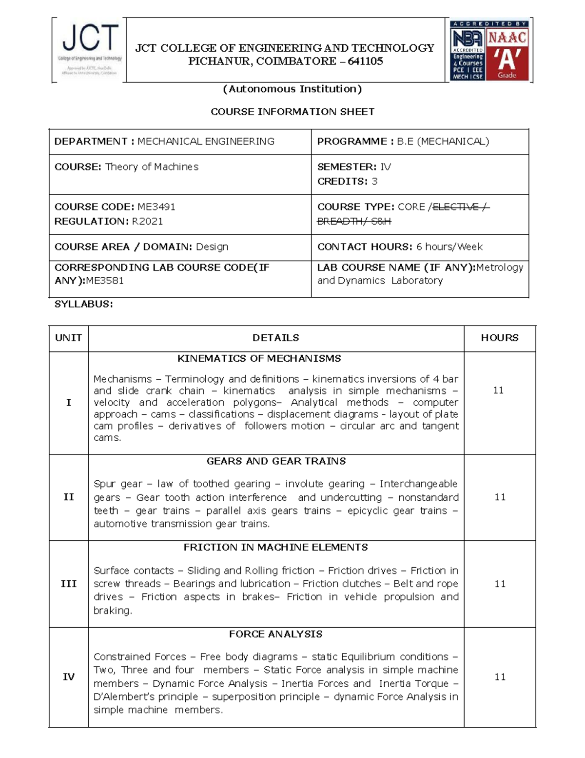 ME3491 Course Info Sheet: Theory of Machines - Semester IV - Studocu