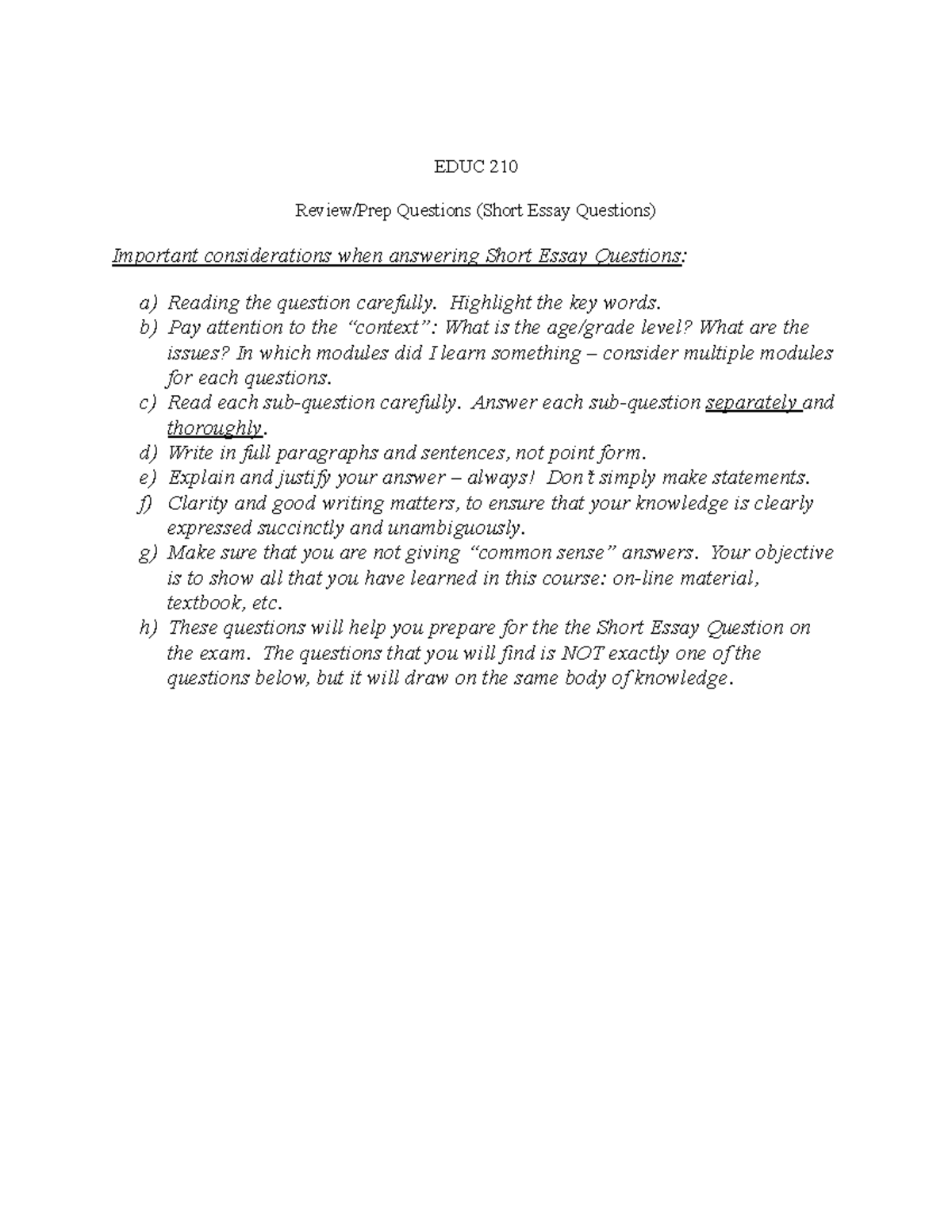 EDUC 210 Short Essay Questions for Final Exam Preparation - Studocu