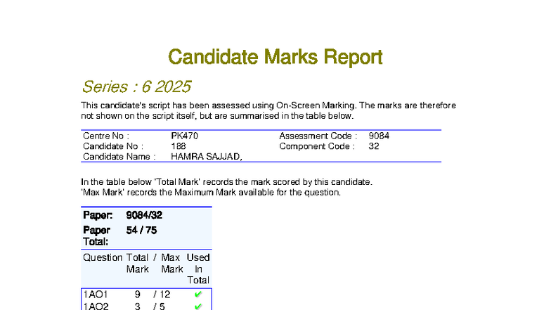 Candidate Marks Report: PK470 9084 June 2025 Assessment - Studocu