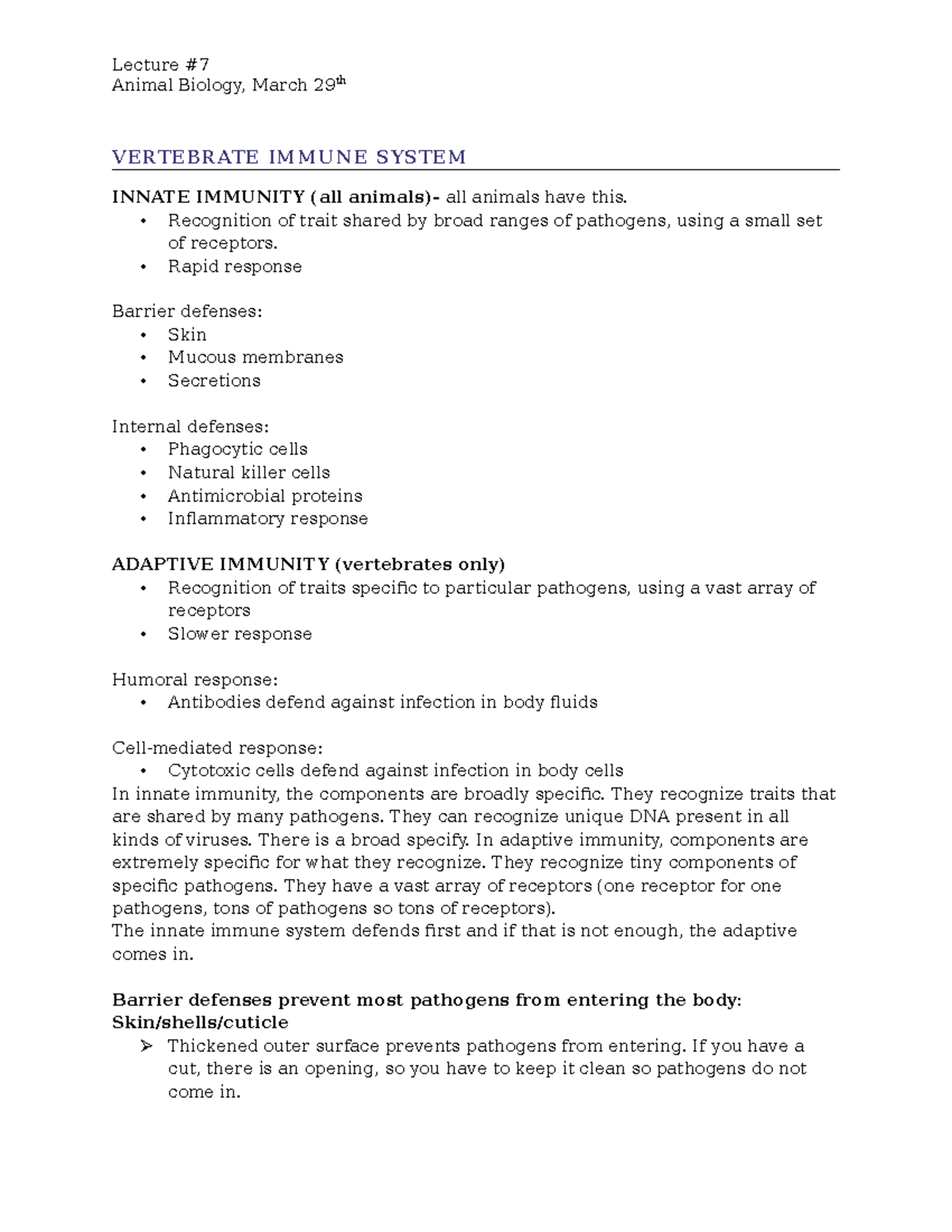 VERTEBRATE IMMUNE SYSTEM - Lecture # Animal Biology, March 29th ...