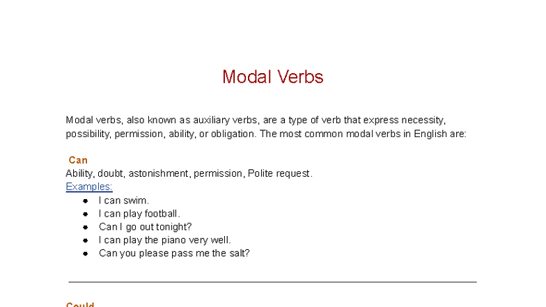 Modal Verbs Overview: Understanding Usage and Examples - Studocu