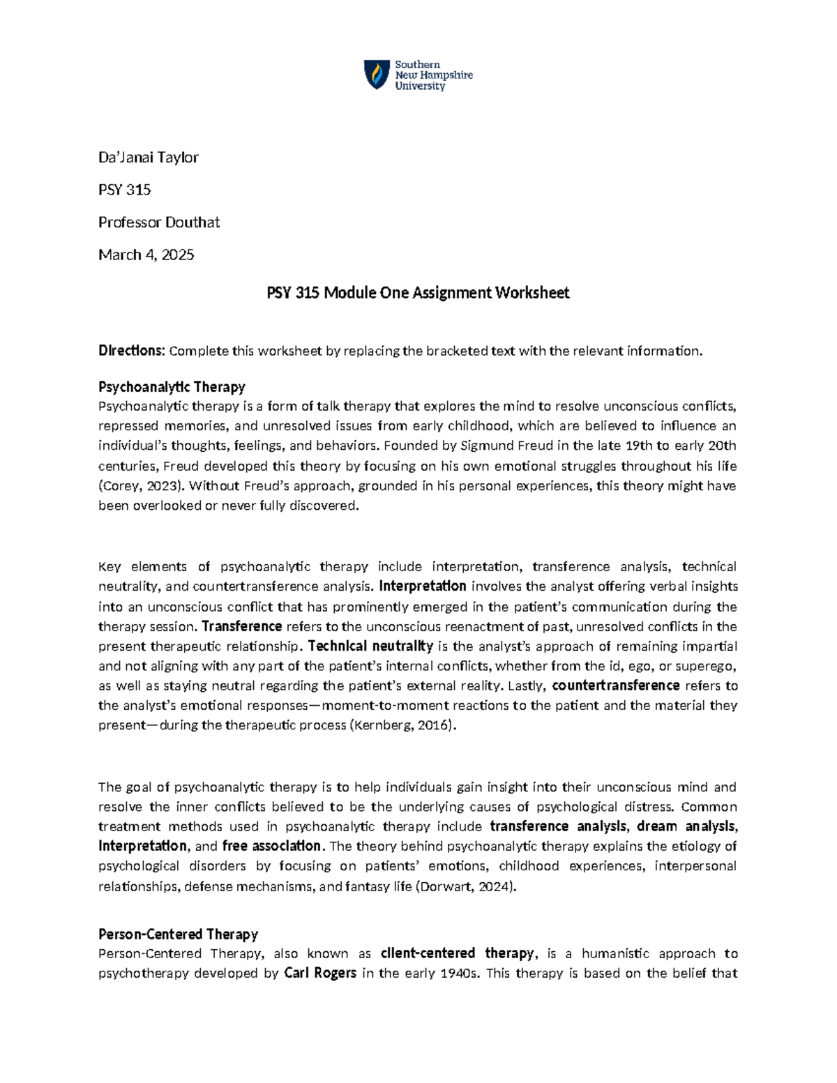 PSY 315 Module One Assignment: Exploring Psychoanalytic & CBT Therapies ...