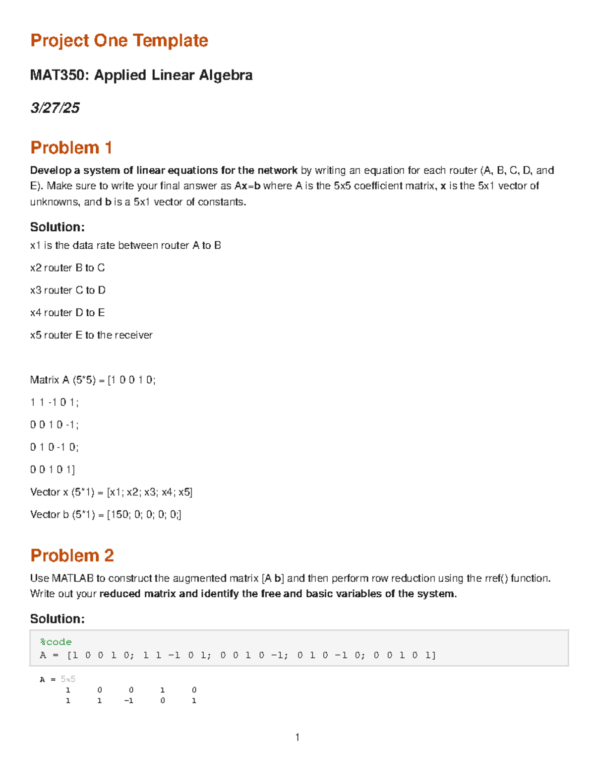 Project One Template MAT350: Applied linear algebra system of equations ...