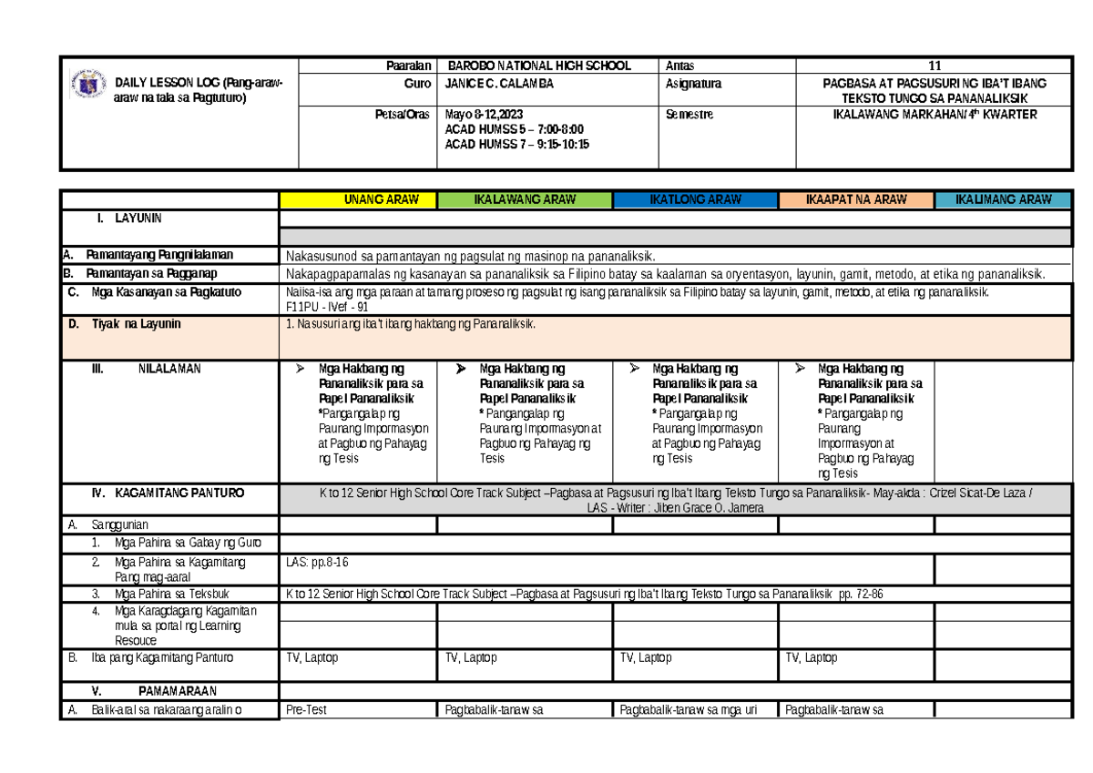 Kasanayan 1-2 - DLL sa Pagbasa at Pagsusuri - DAILY LESSON LOG (Pang ...