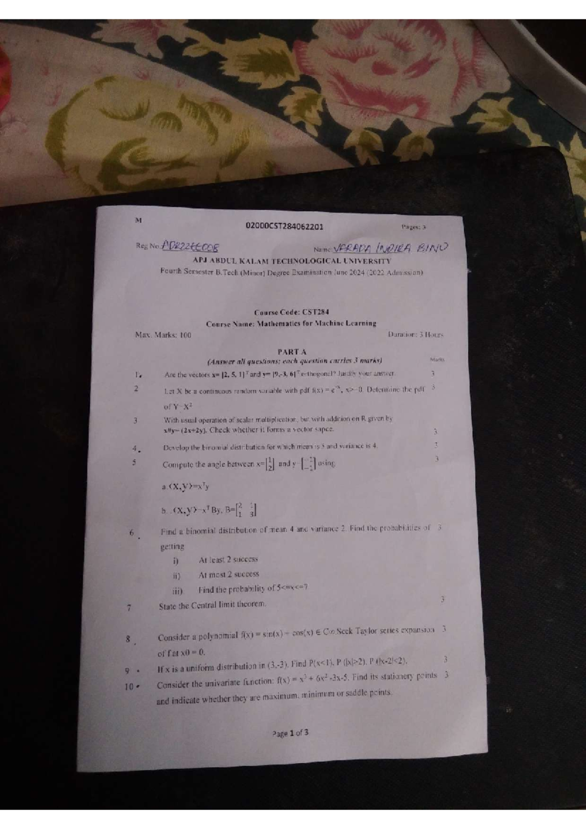 S4 Minor Exam - Mathematics for Machine Learning (CST284) June 2024 ...