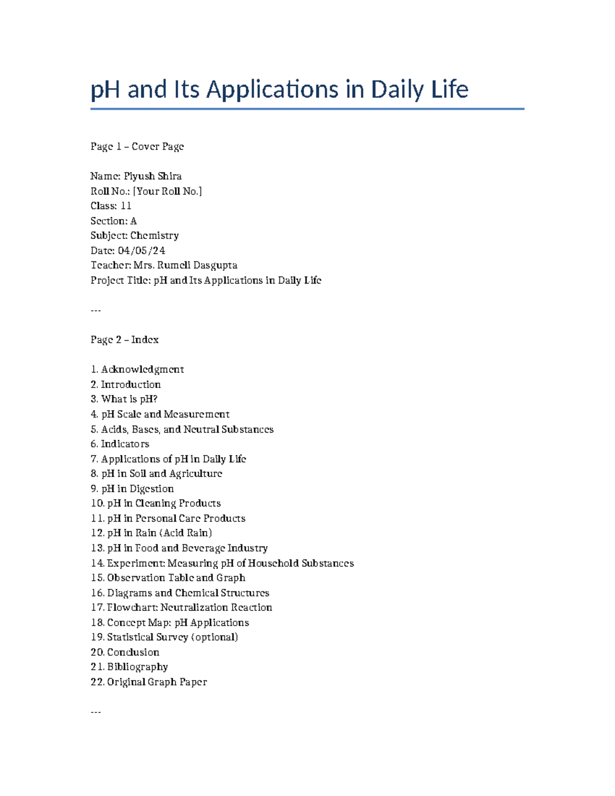 Chemistry Project: pH and Its Applications in Daily Life (Class 11 ...
