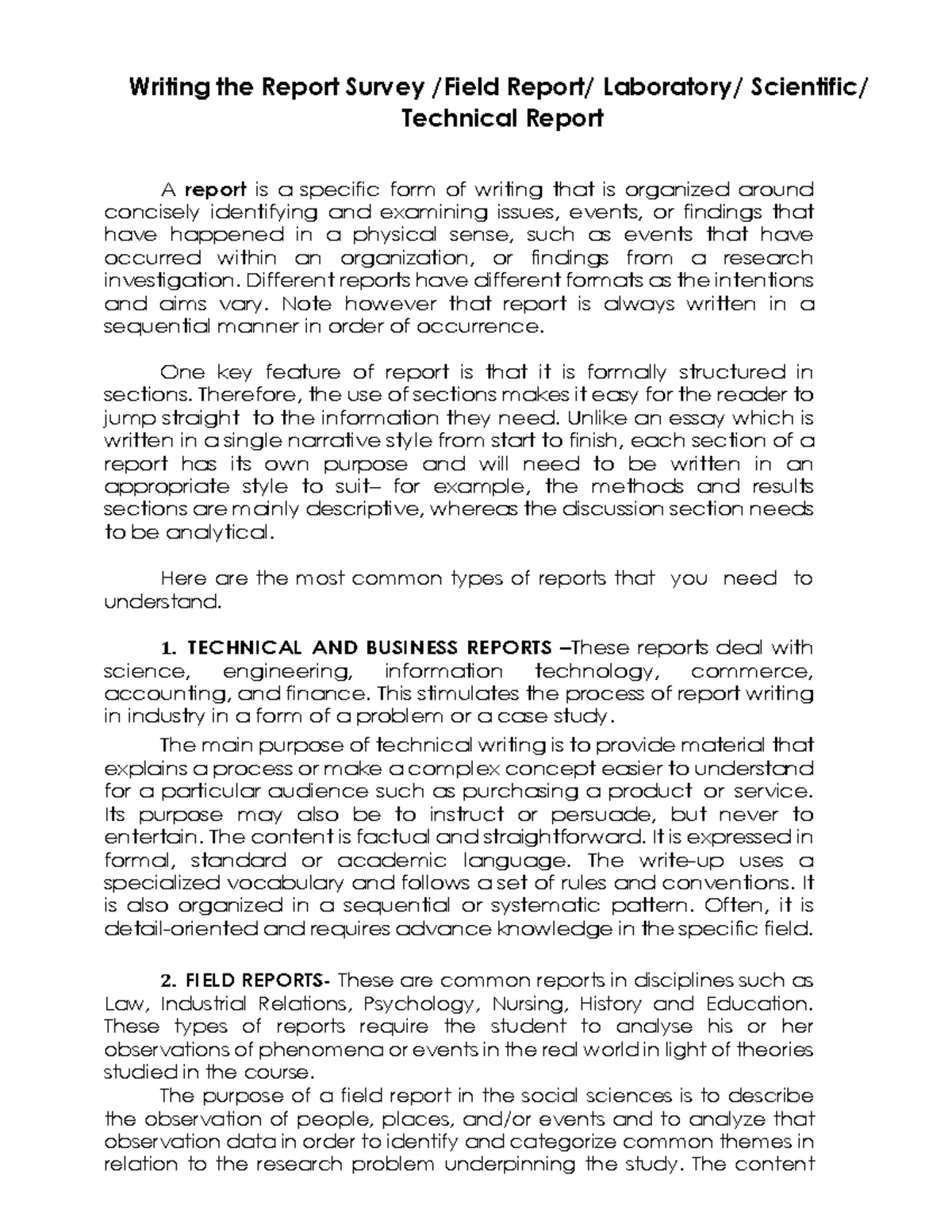 Writing the Report Survey Field Report Laboratory Scientific Technical ...